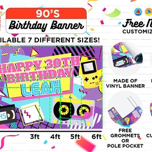 Super 90s Retro Party Banner Printed in Full Color, Personalized ...