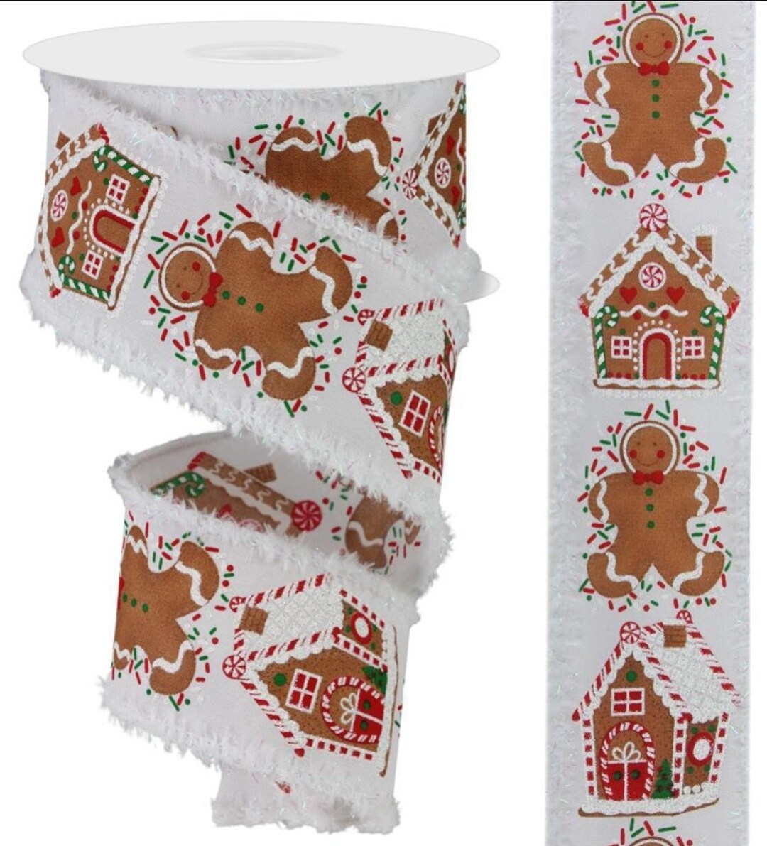 2.5 Gingerbread Man & House Christmas Ribbon With a Fuzzy Wired Trim ... 2.5 Gingerbread Man & House Christmas Ribbon With a Fuzzy Wired Trim ...