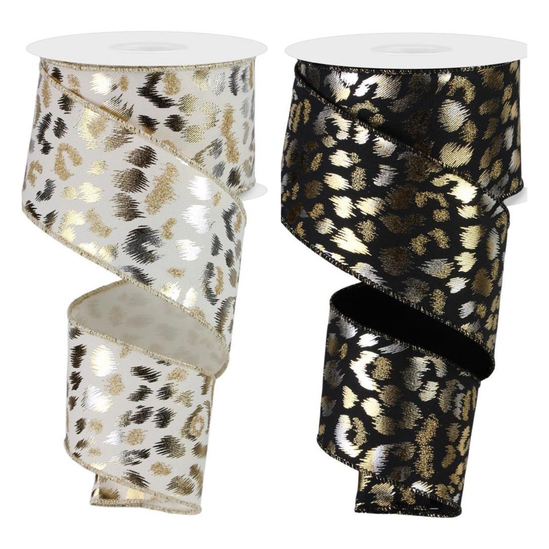 2.5 Metallic Leopard Print Wired Ribbon for Crafts, Wreaths, Floral ...