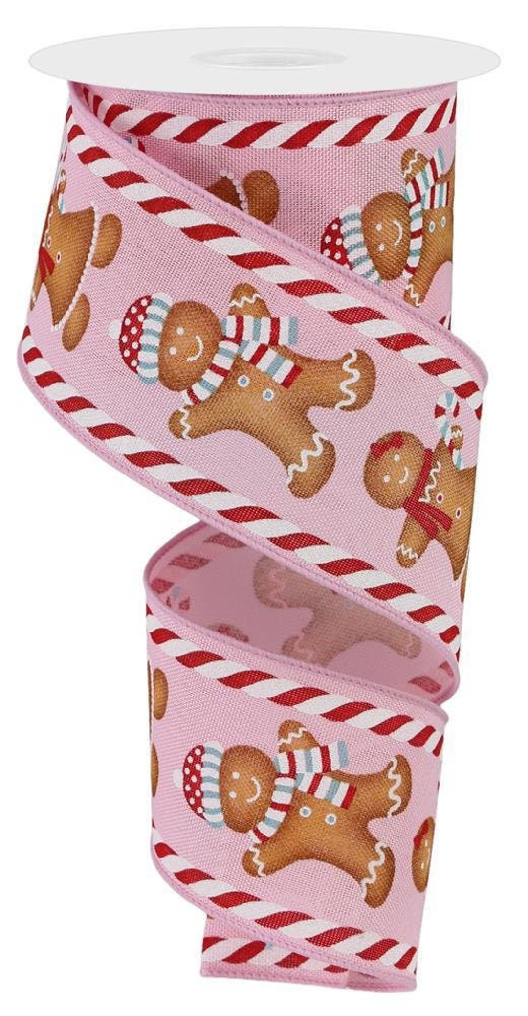 2.5 Pink Gingerbread Man Kids Wired Christmas Ribbon With a Fuzzy Drift ...
