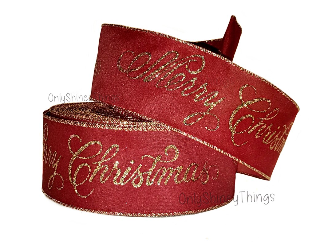 2.5 Wired Red Ribbon With Merry Christmas Script in Gold Glitter for ...