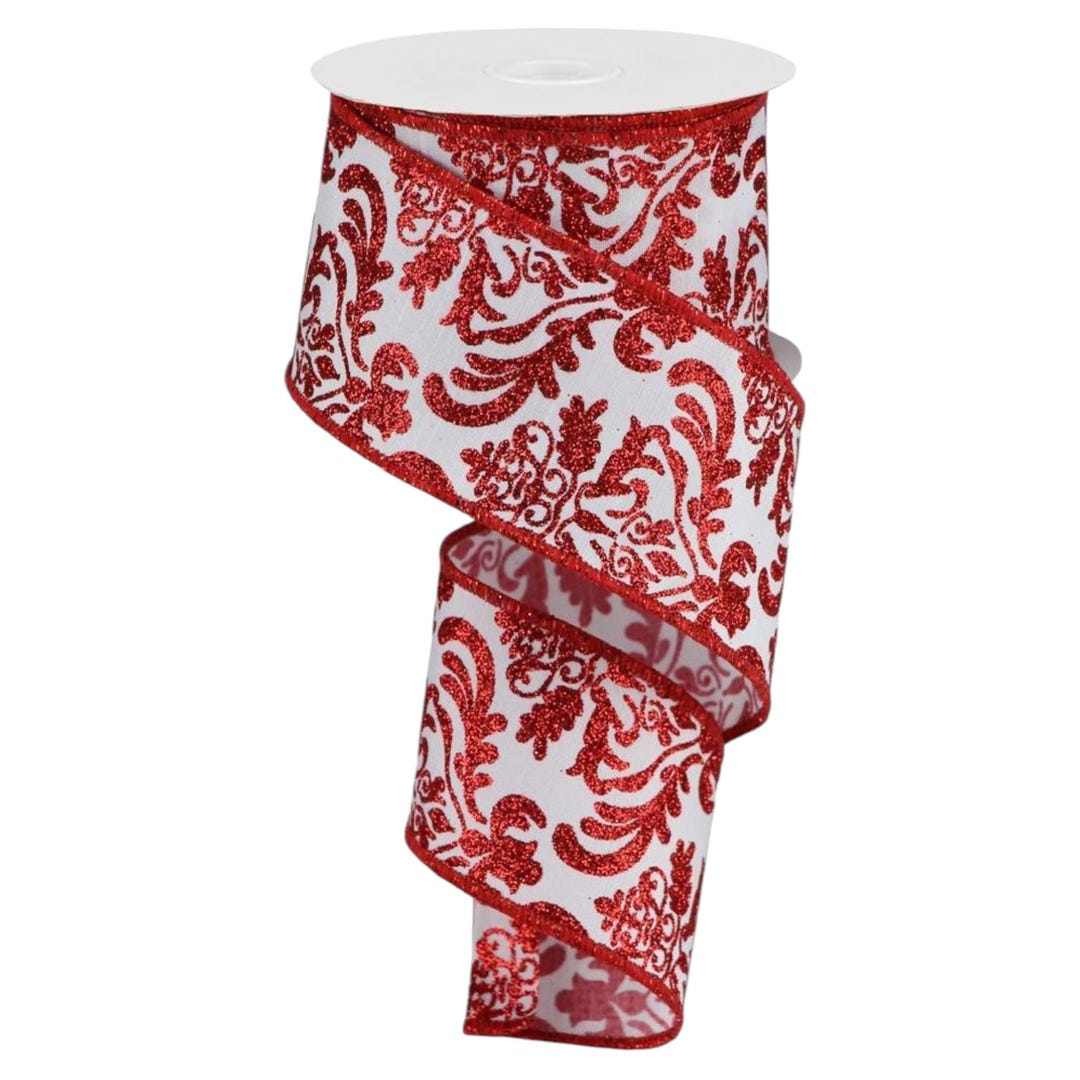 White Wired Christmas Ribbon With Red Glitter Damask Design for Bows ...
