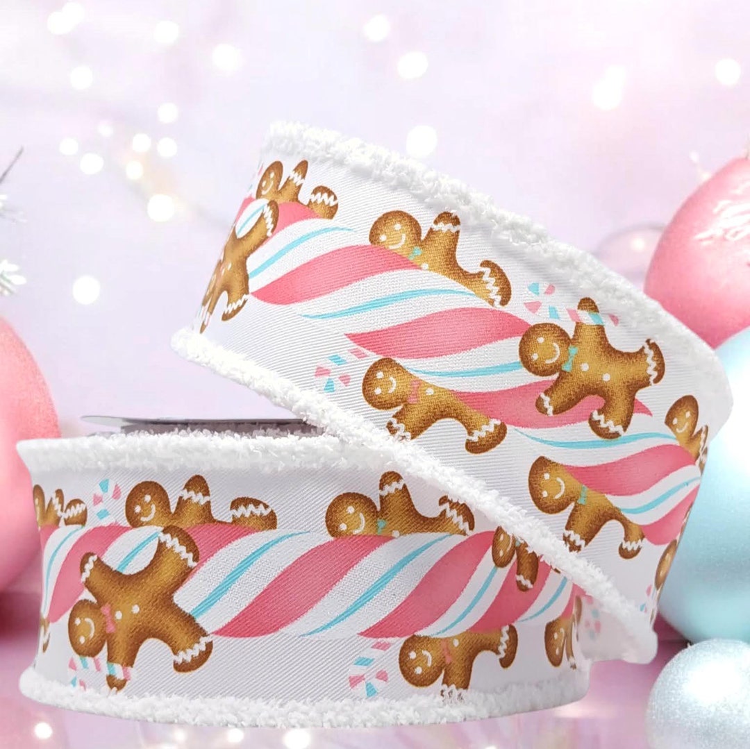 2.5 Pink Gingerbread Kids Wired Christmas Ribbon With a Fuzzy Drift ...