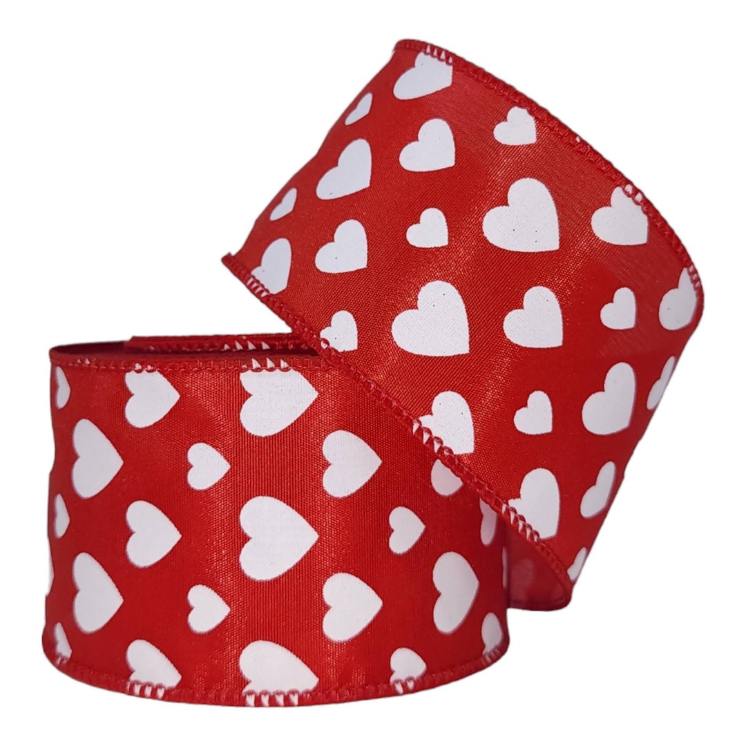 2.5" X 10 Yards Wired Valentine's Day Heart Ribbon - Red With White ...