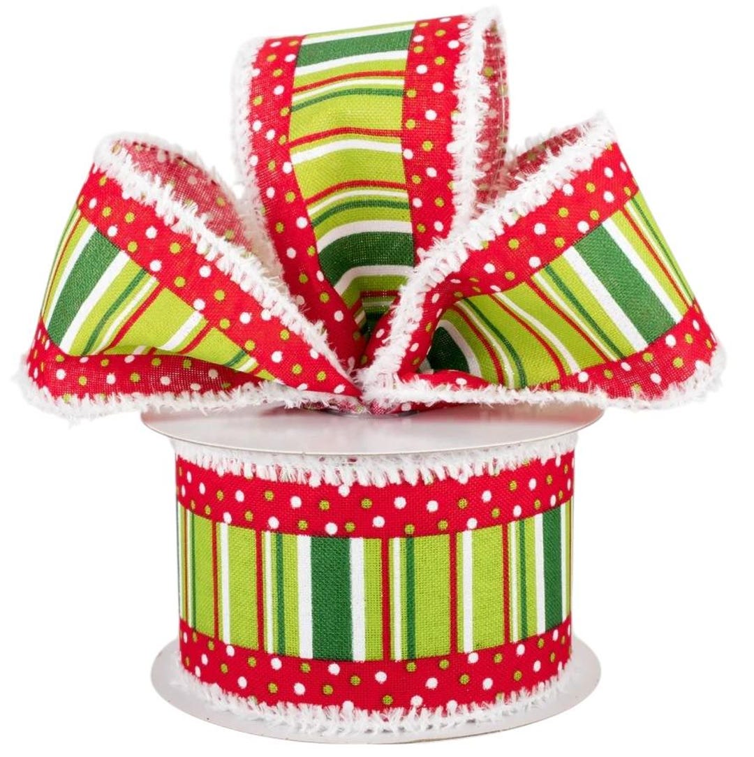2.5" Whimsical Polka Dots and Stripes Wired Ribbon With Fuzzy Drift ...