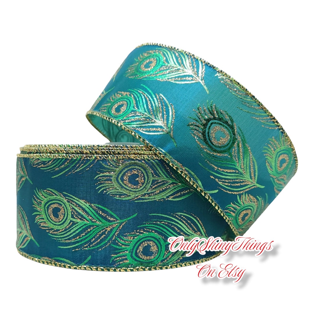 2.5" 15 Yards Teal Metallic Peacock Wired Ribbon for Christmas Trees ...