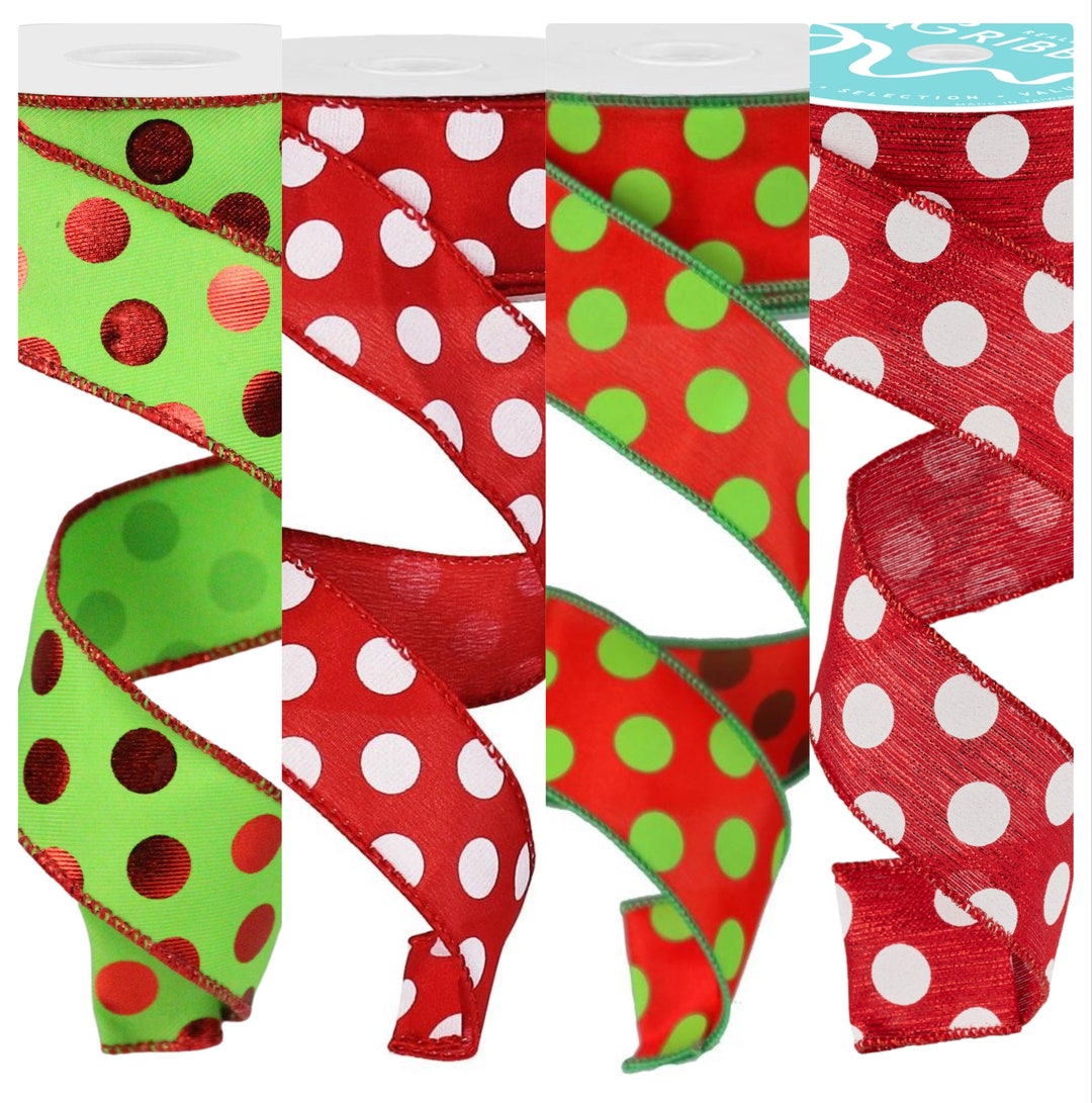 1.5 Whimsical Polka Dot Dotted Wired Christmas Ribbon in Red, Lime ...