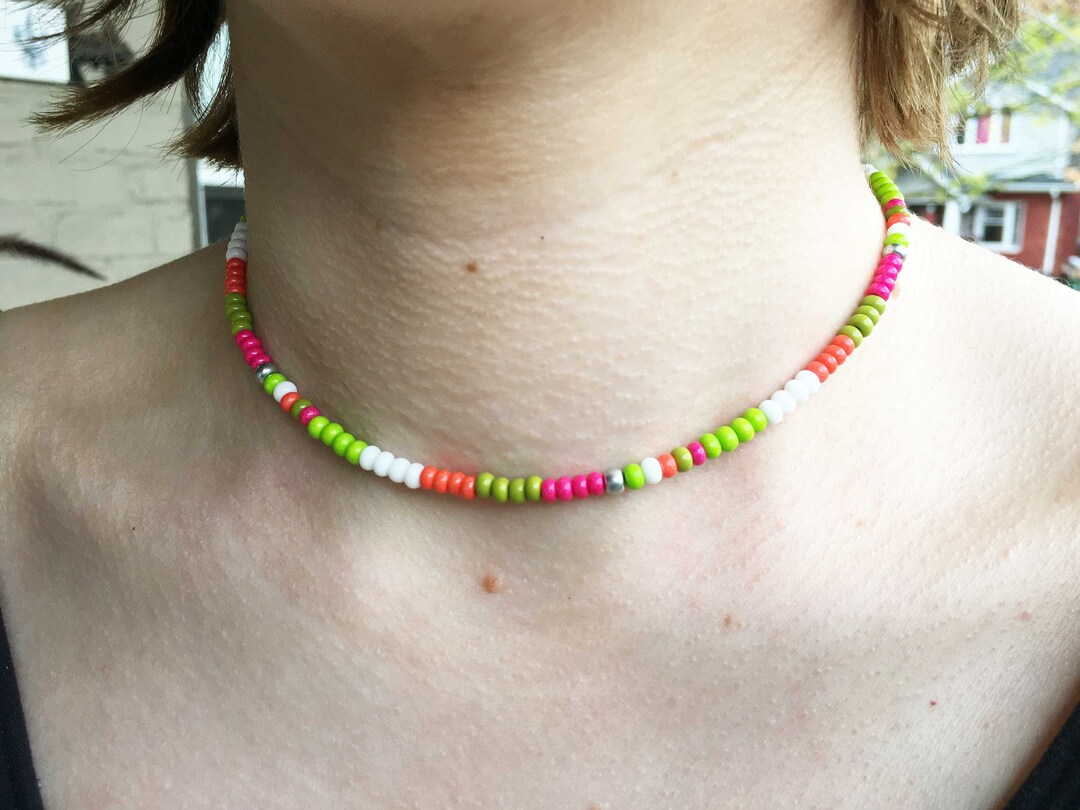 Colourful Choker Necklace Pink and Green Seed Bead Necklace Seed Bead ...