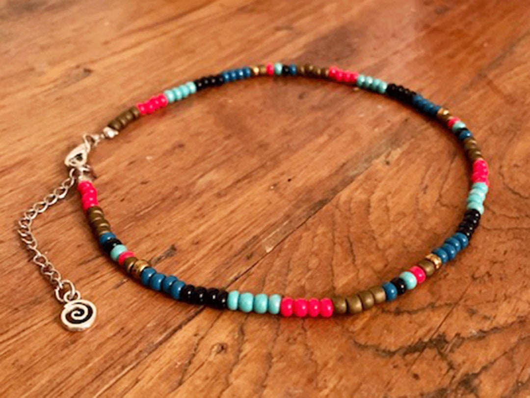 Colourful Choker Necklace - Blue Red Aqua and Black Seed Bead Necklace ...