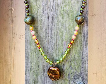 Chunky Boho Necklace - Long Brown Bead Necklace - Colorful Long ...