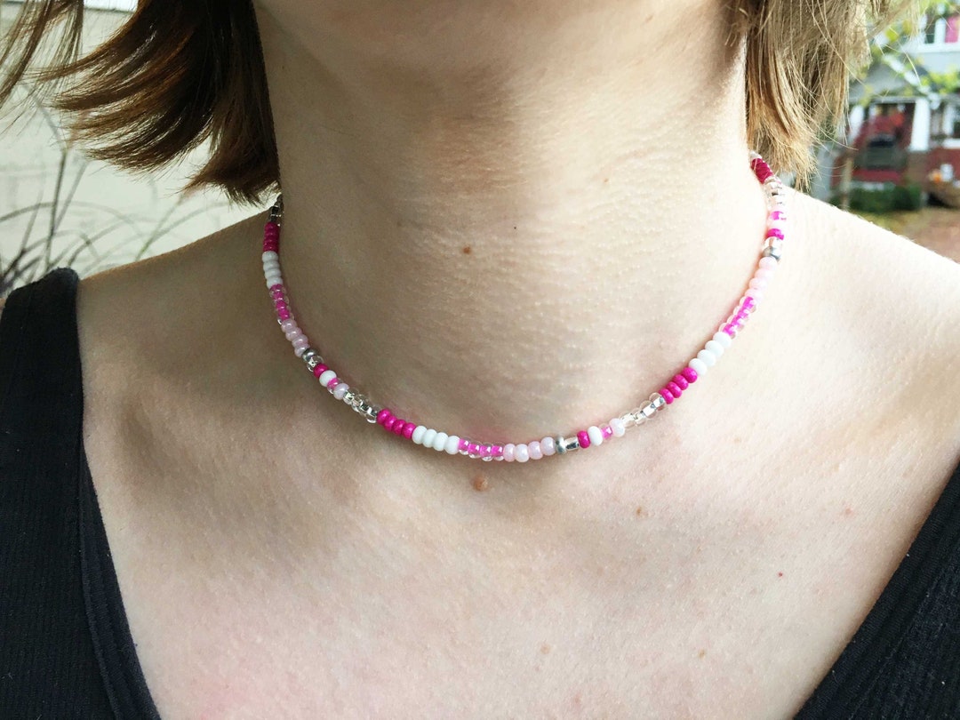 Colourful Choker Necklace - Pink and White Seed Bead Necklace - Seed ...