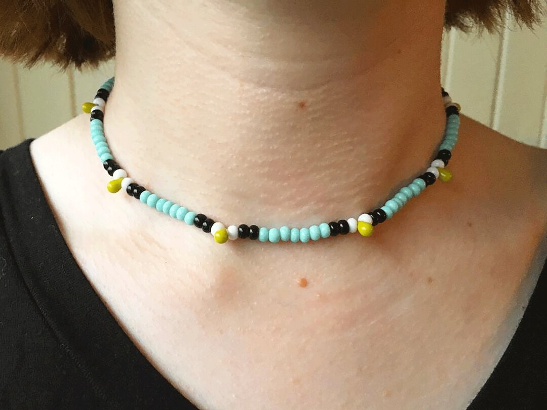 Colourful Teardrop Choker Necklace - Aqua and Black Seed Bead Necklace ...
