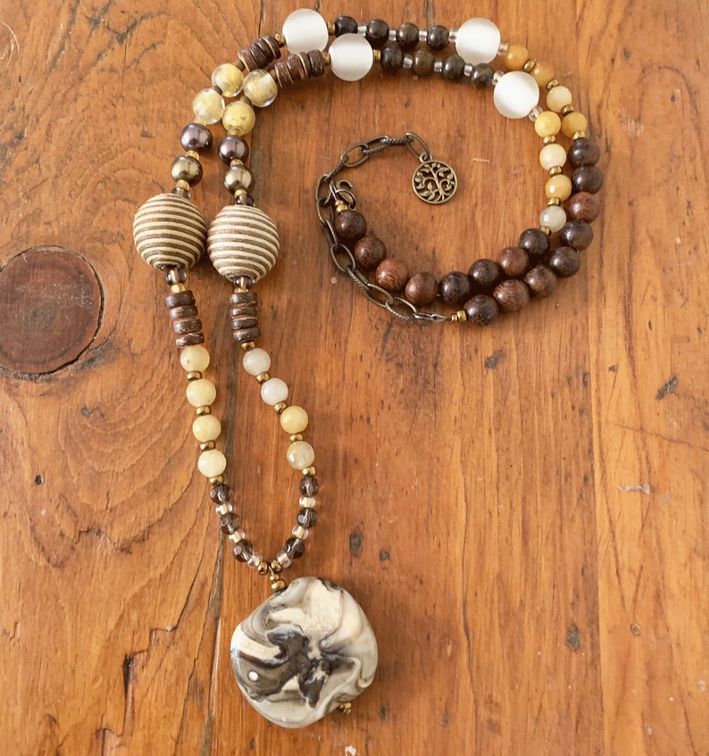 Chunky Boho Necklace - Long Brown Bead Necklace - Colorful Long ...