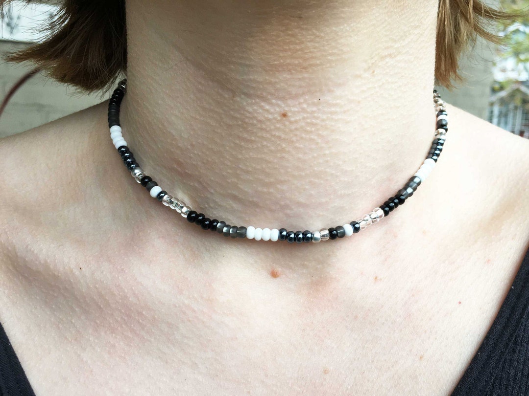 Colourful Choker Necklace - Black and White Seed Bead Necklace - Seed ...