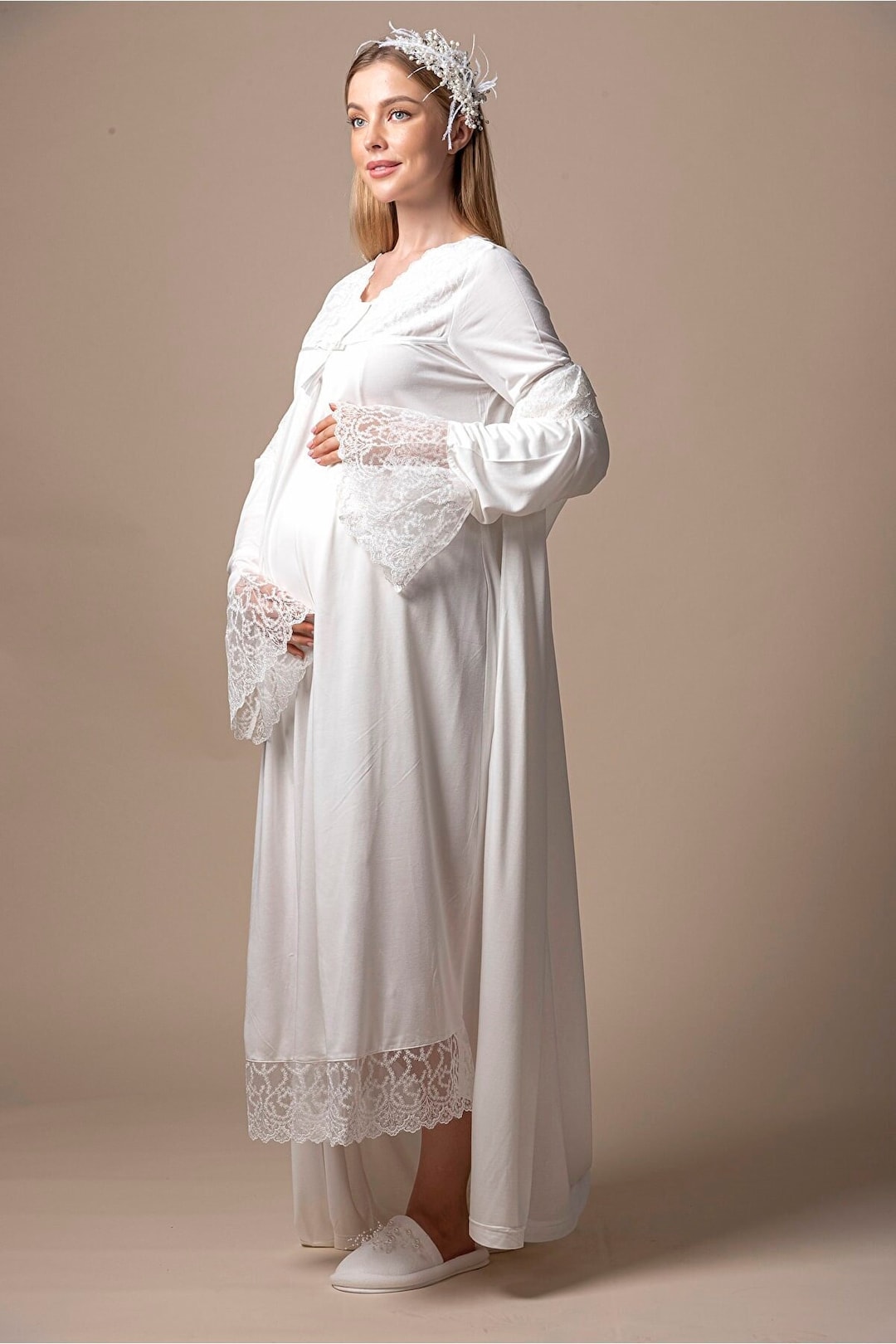 Elegant Labor and Delivery Gown Robe With Lace and Headband, Hospital ...