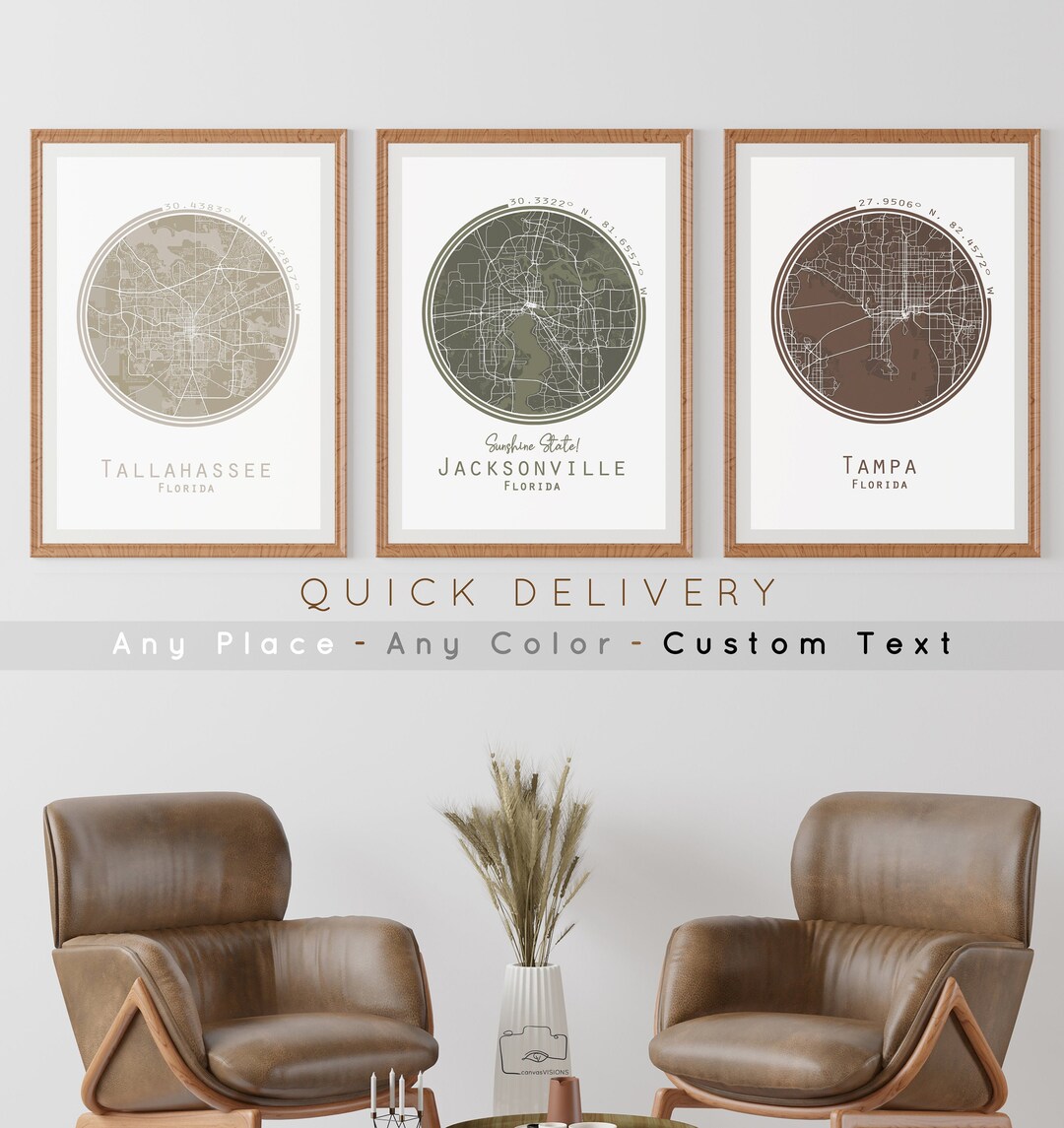 Custom Map, City Map Print, Any City, City Map Portrait, 3 Piece Map ...