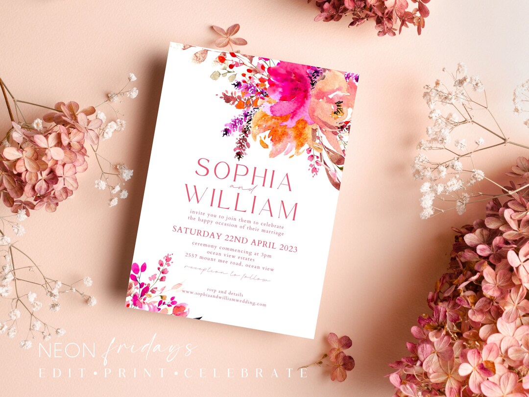 Wedding Invitation, Party Invitation, Bright Floral Invitation, Pink ...