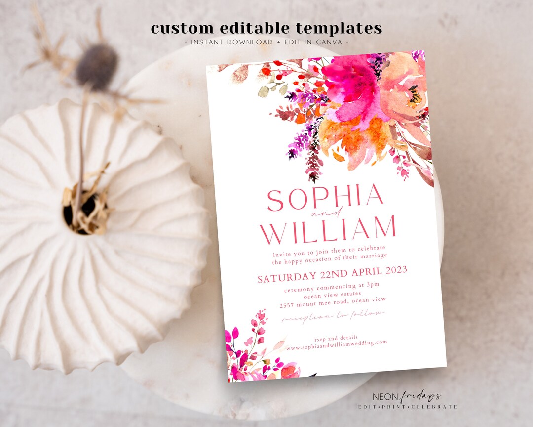 Wedding Invitation, Party Invitation, Bright Floral Invitation, Pink ...