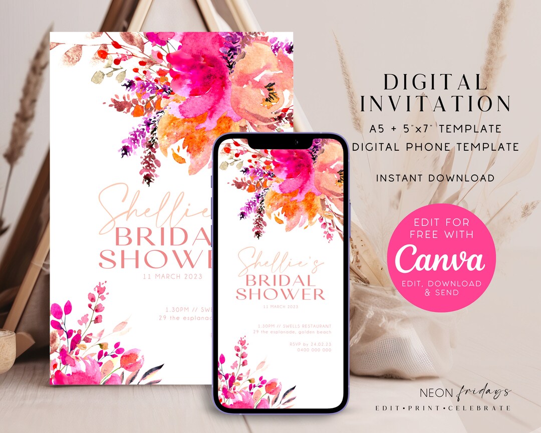 Bright Floral Bridal Shower, Party Invitation, Bright Floral Invitation ...