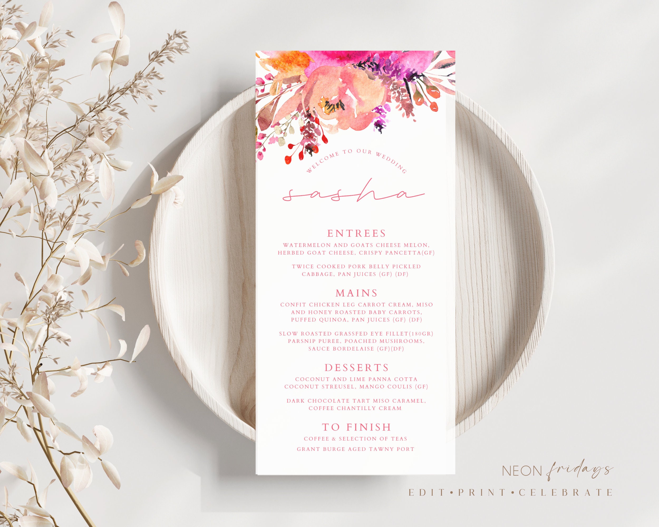 Wedding Menu Card, Wedding Dinner Menu Card, Event Menu, Pink and ...
