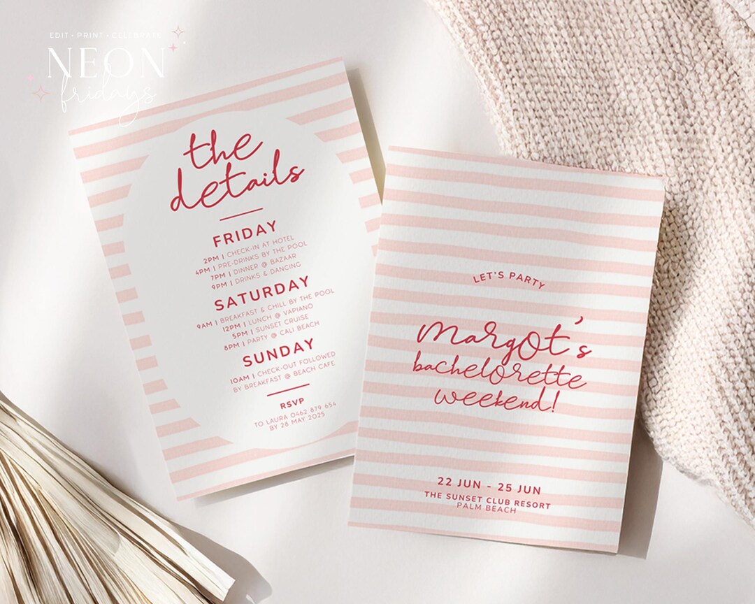 Pink Stripe Bachelorette Weekend Invitation: Beach Party Itinerary ...