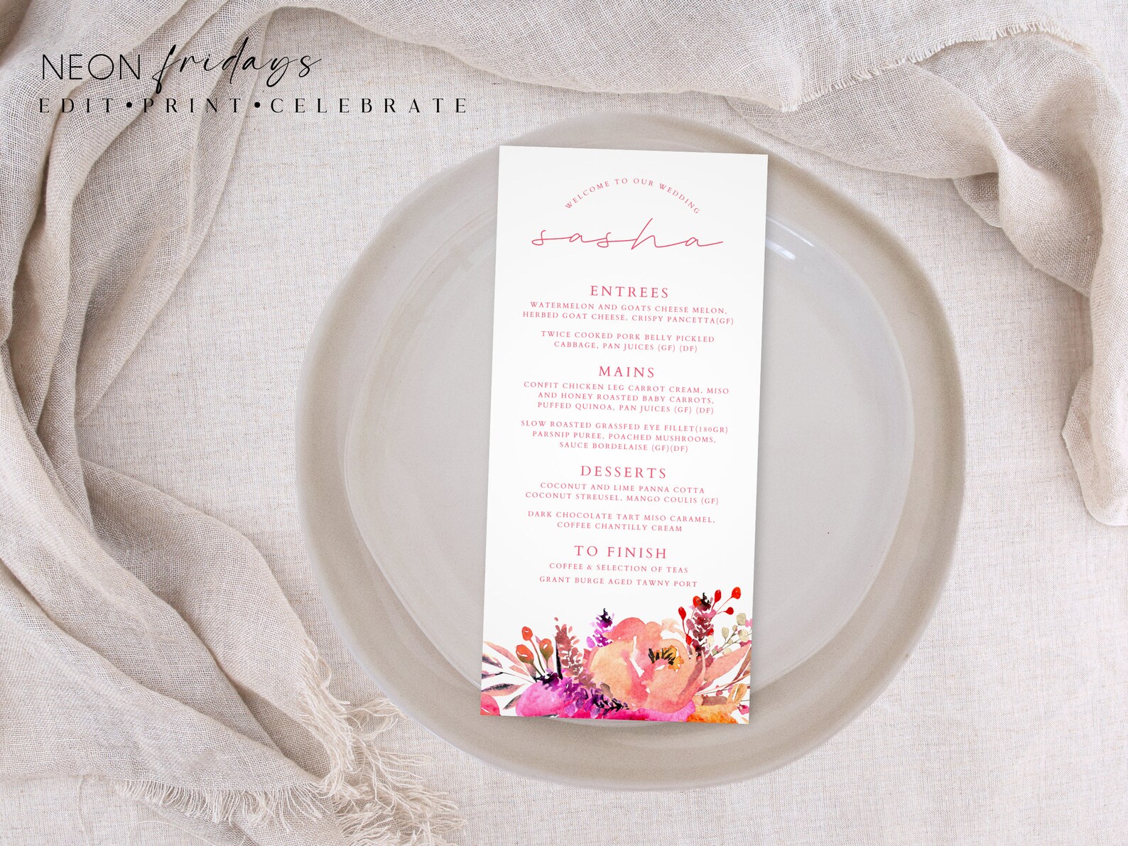 Wedding Menu Card, Wedding Dinner Menu Card, Event Menu, Pink and ...