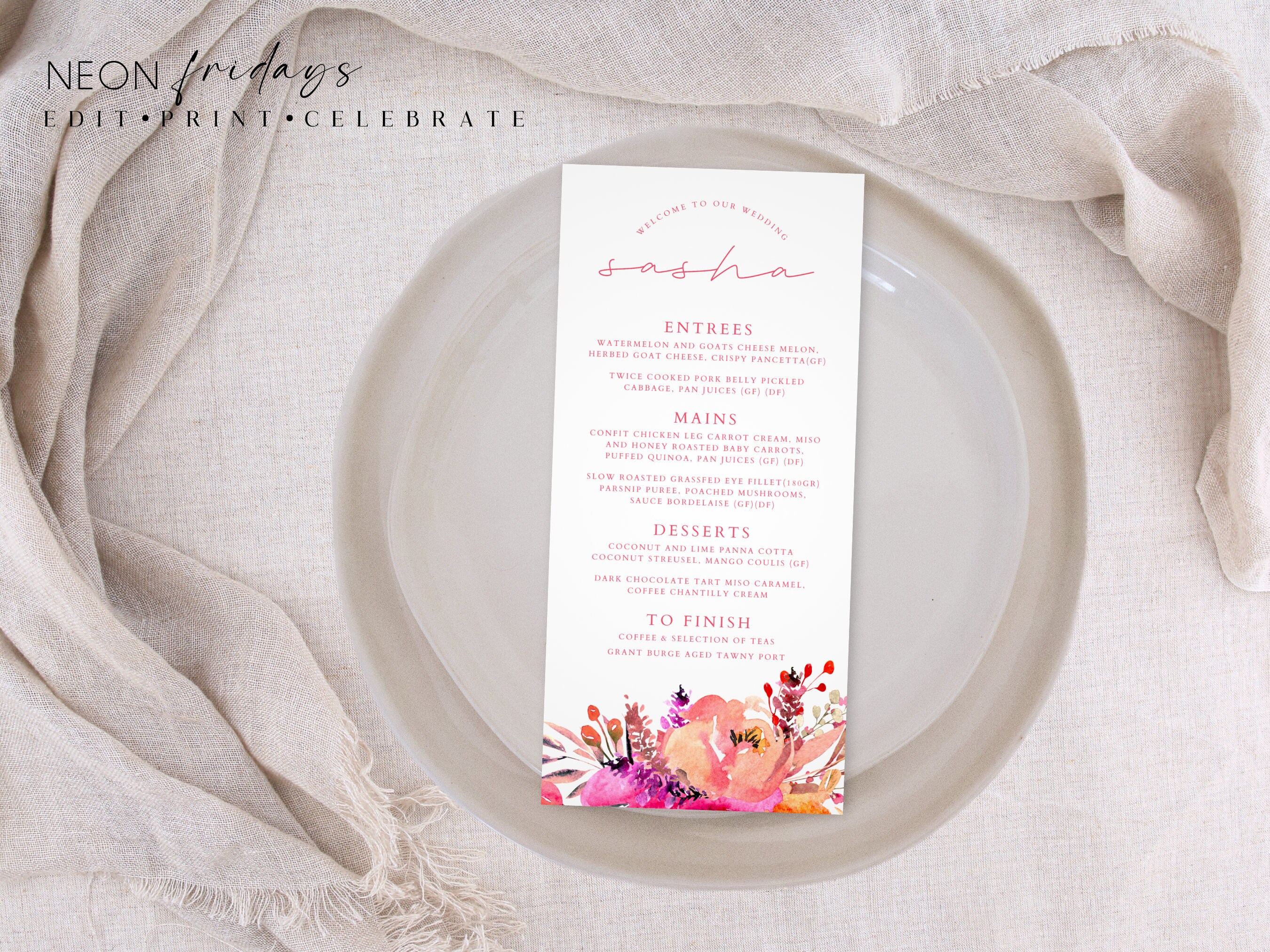 Wedding Menu Card, Wedding Dinner Menu Card, Event Menu, Pink and ...