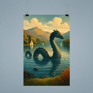 Bownessie Loch Ness Monster Poster Print, Lake Windermere England Art, Mythical Wall Decor ...