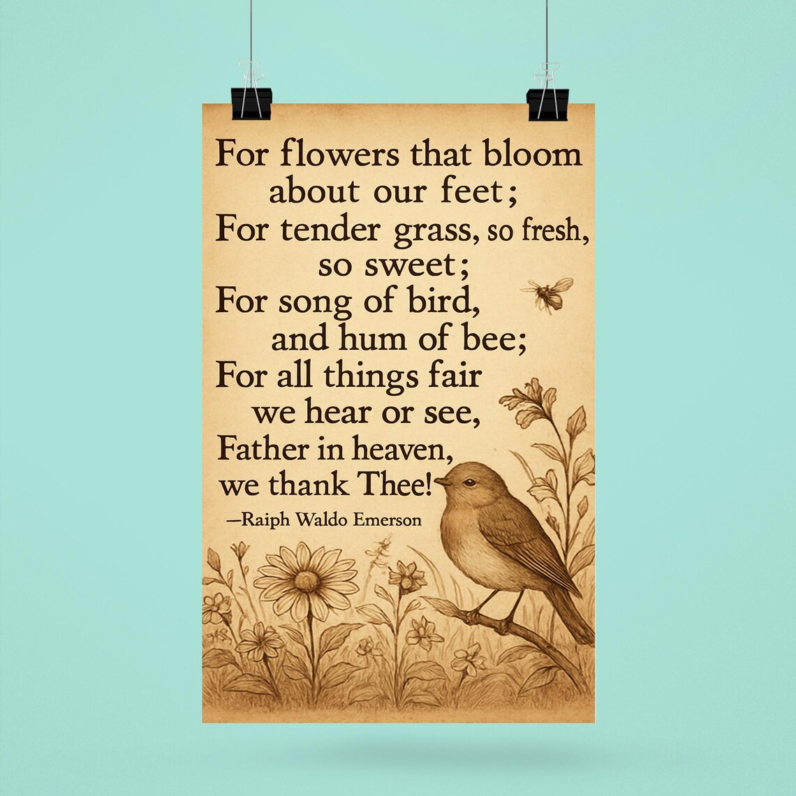 Ralph Waldo Emerson Gratitude Poem Print: Bird Art, Inspirational Wall ...