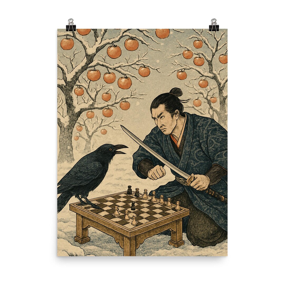Samurai Vs Raven Chess Duel Poster Print - Snowy Persimmon Orchard ...