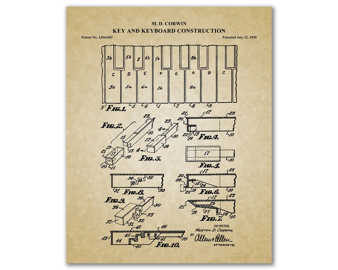 Piano Keys and Keyboard Patent Prints, Piano Teacher Gift, Piano Player ...