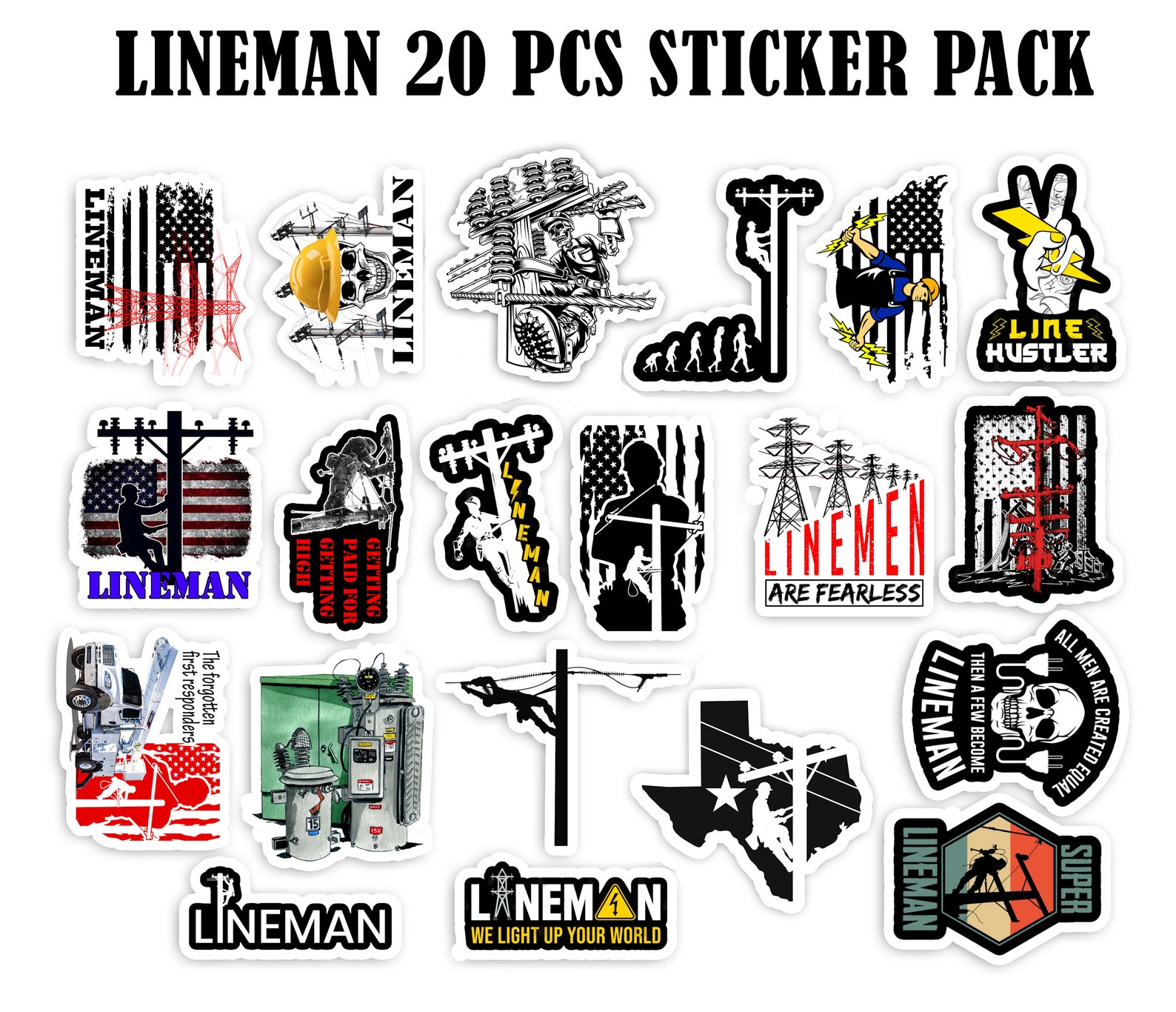 Lineman 20 PCS Sticker Pack Vinyl Hard Hat Hardhat Stickers Durable ...