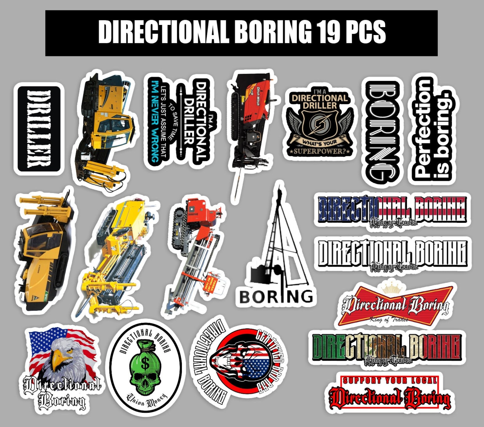 Directional Boring 19 Pcs Sticker Pack Laminated Vinyl Waterproof ...