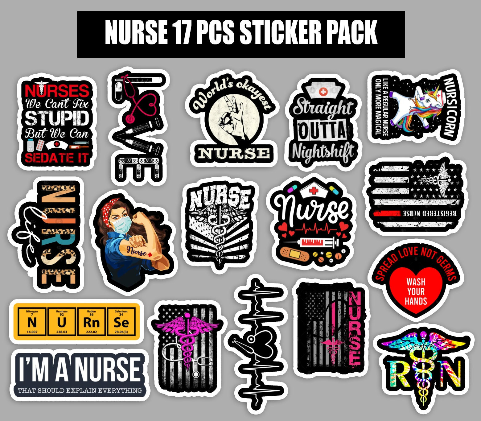 Nurse 17 Pcs Sticker Pack Laminated Vinyl Waterproof Stickers Nurses - Etsy
