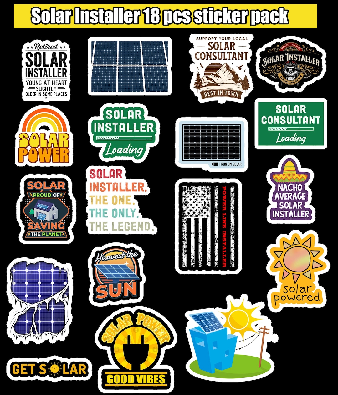 Solar Installer 18 Pcs Sticker Pack Laminated Vinyl Waterproof Stickers ...