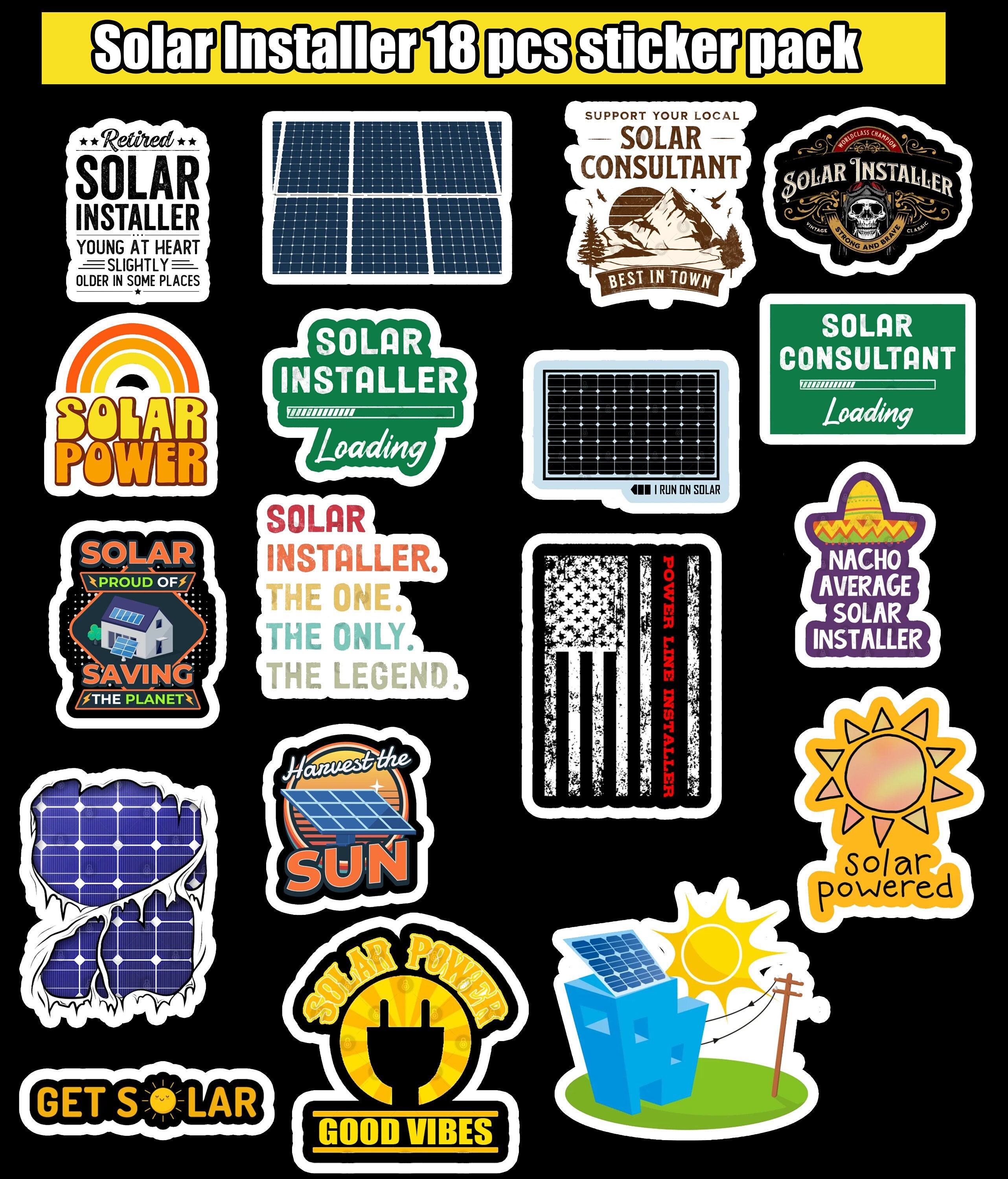 Solar Installer 18 Pcs Sticker Pack Laminated Vinyl Waterproof Stickers ...