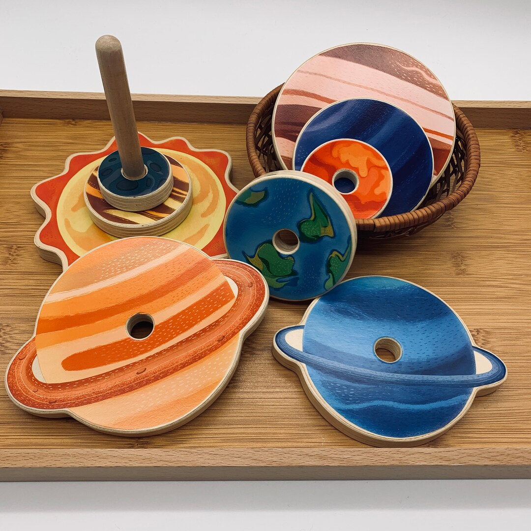 Wooden Planets Ring Stacking Toy Balance Solar System Space STEM ...