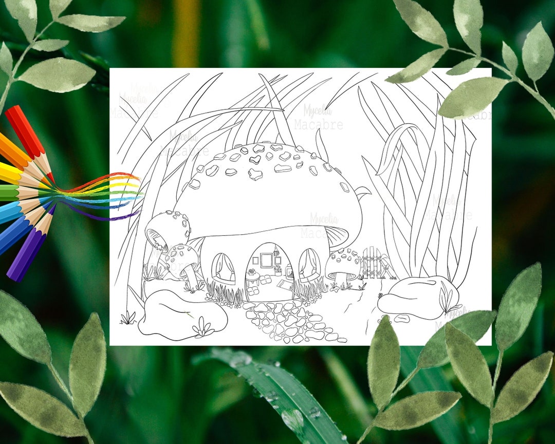 Mushroom House/ Line Art/ Illustration/ Adult Coloring Sheet/ Mushroom ...