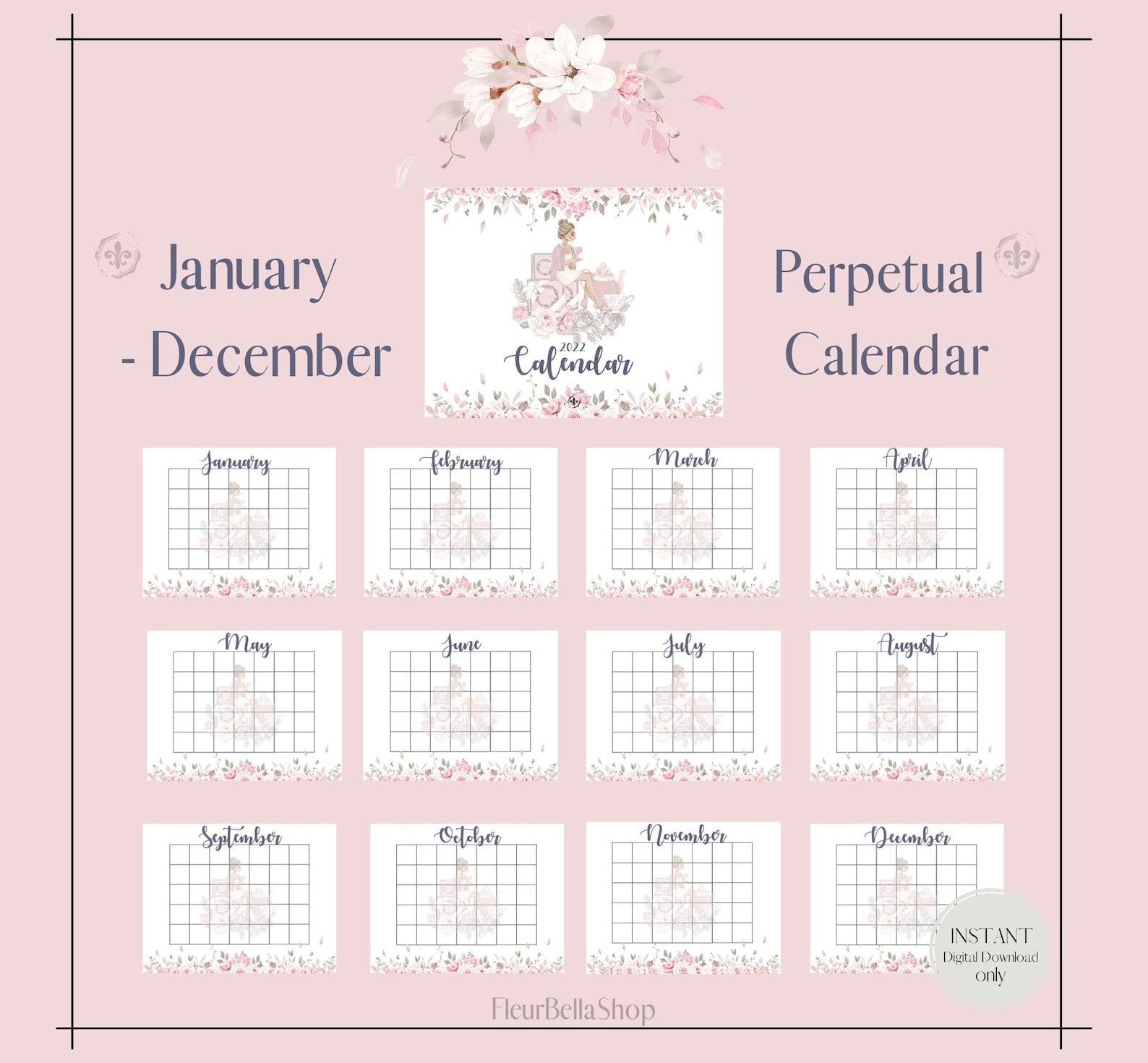 Printable Perpetual Calendar Pink Editable Birthday Calendar - Etsy