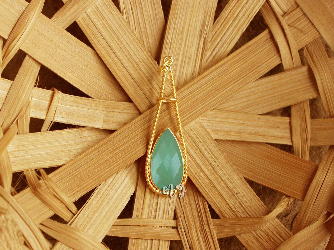 Parrot Green Hydro Quartz Long Pear Briolette Brass Setting Gold Plated ...