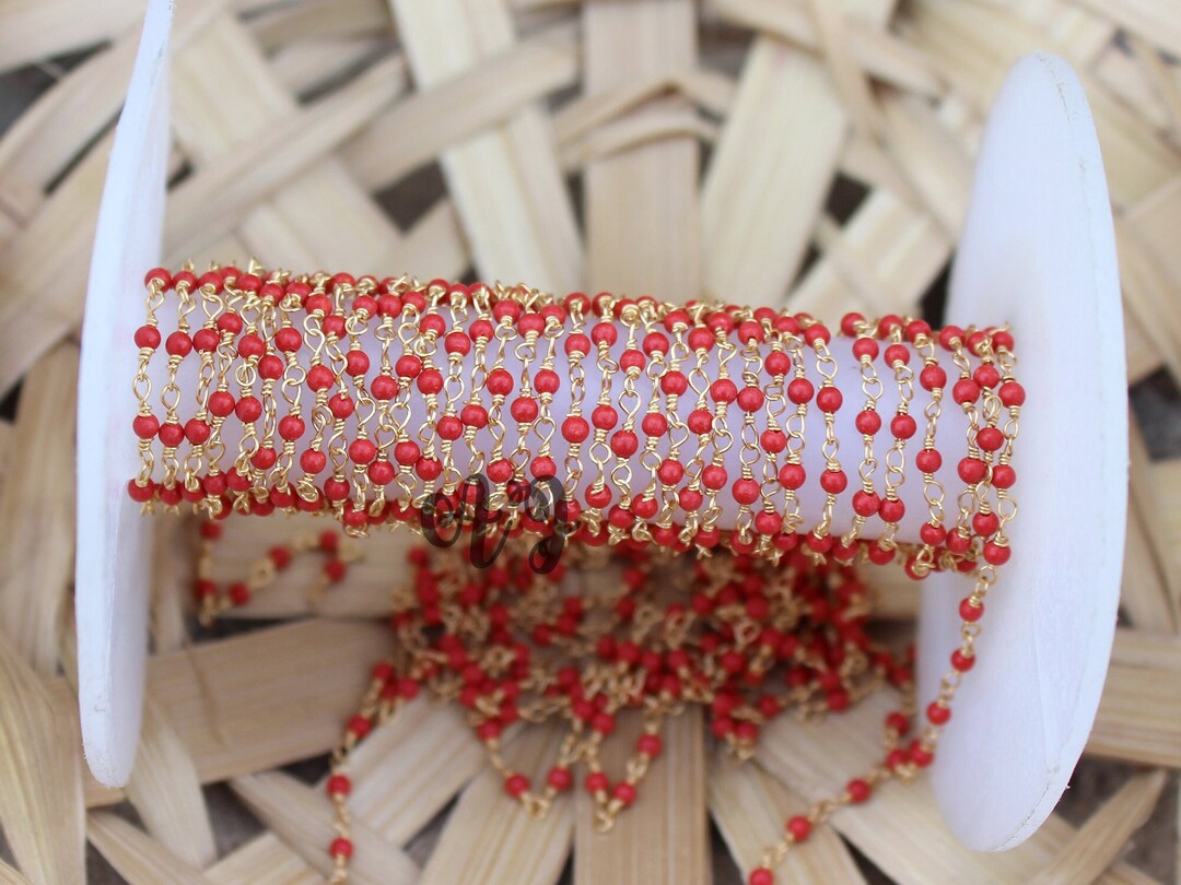 1 Meter Chinese Red Coral 2mm Round Smooth Beaded Gold Plated Rosary ...