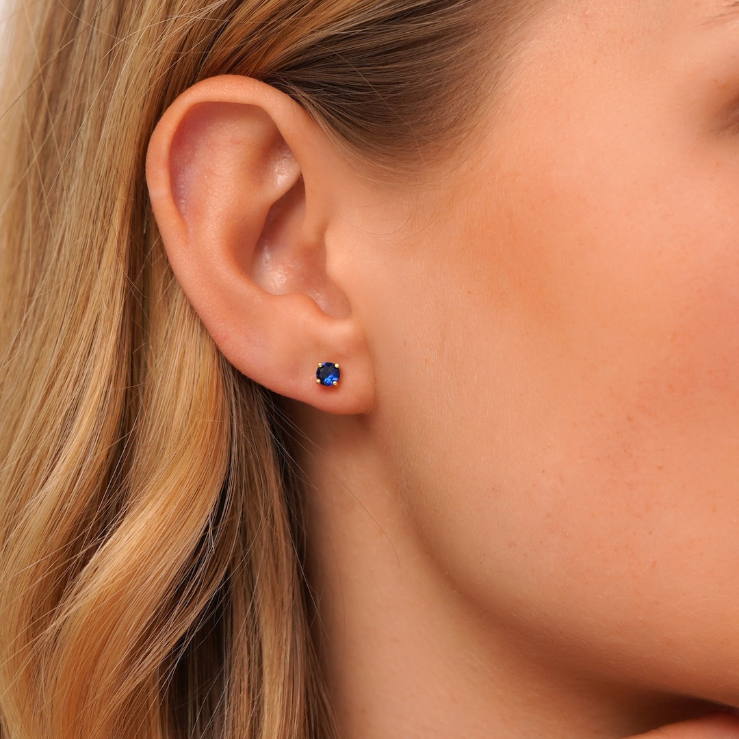 Silver Tiny Sapphire Stud Earrings, Sapphire Stone Dainty Earrings ...