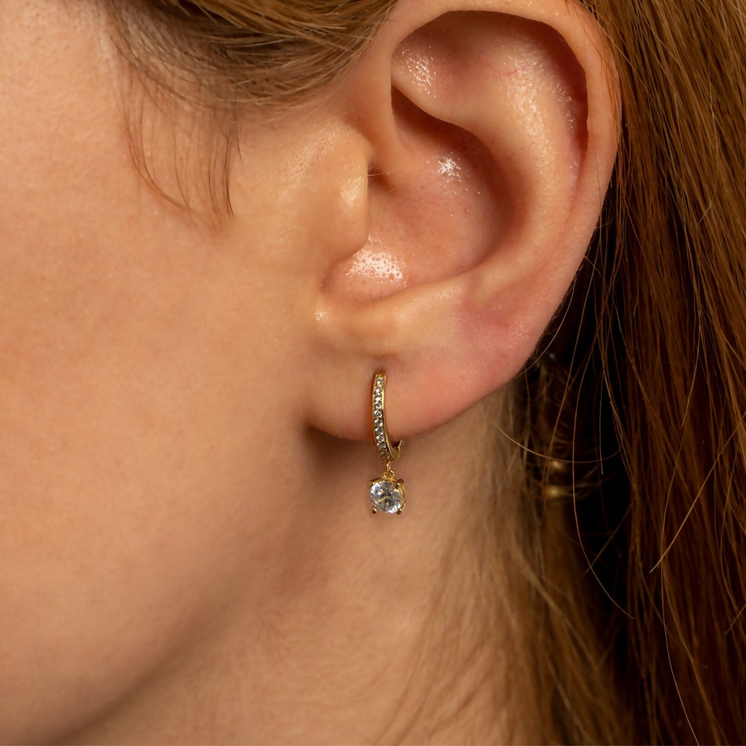 CZ Diamond Dangle Hoop Earrings 18k Gold Sterling Silver - Etsy