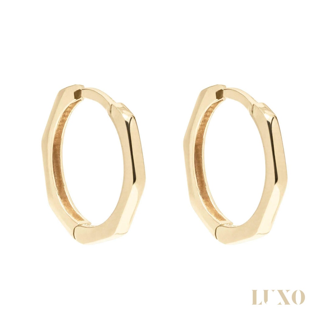 10K Gold Hexa Huggies, Solid Gold Hexagon Hoops, Yellow White Rose ...