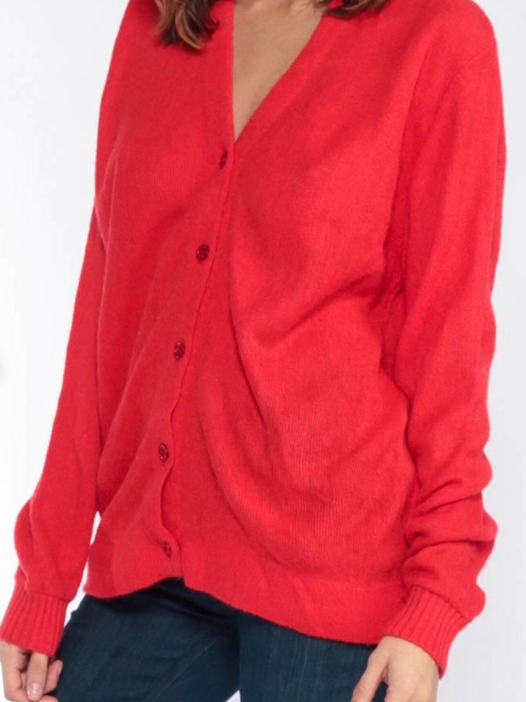 Women's Bright Red Vintage Button up V-neck Sweater Cardigan Size Small ...