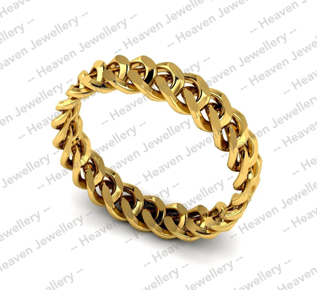 Miami Cuban Link Men's Ring 14k Solid Yellow Gold Handmade Jewelry ...