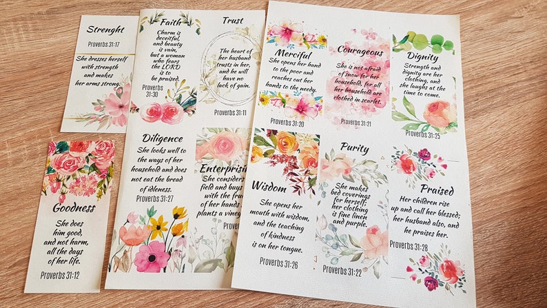 The 12 Virtues of Proverbs 31 Woman Scripture Cards (printable), Set of ...