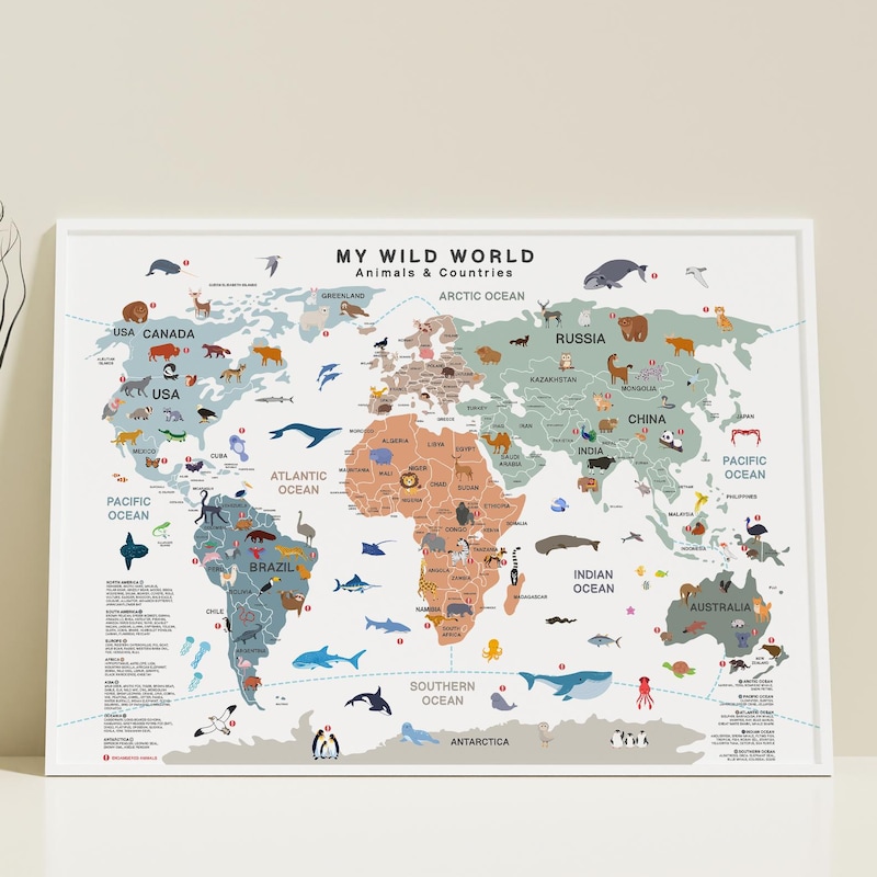 World Map of Animals - Etsy