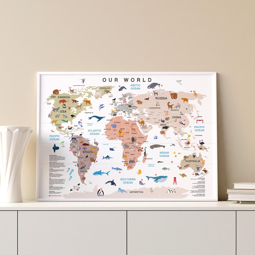 World Map Poster for Kids – Printable Educational Wall Art With Animals ...