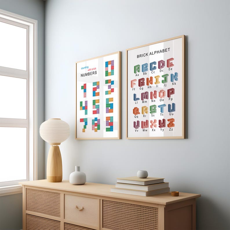 Alphabet and Numbers Poster Set: Brick-style Educational Wall Art ...